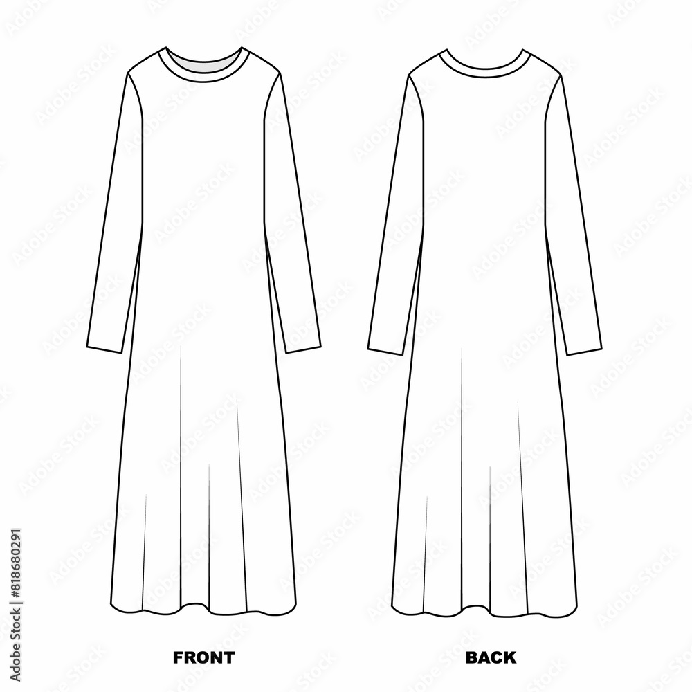 Technical drawing of a basic women's dress with long sleeves. Sketch of ...