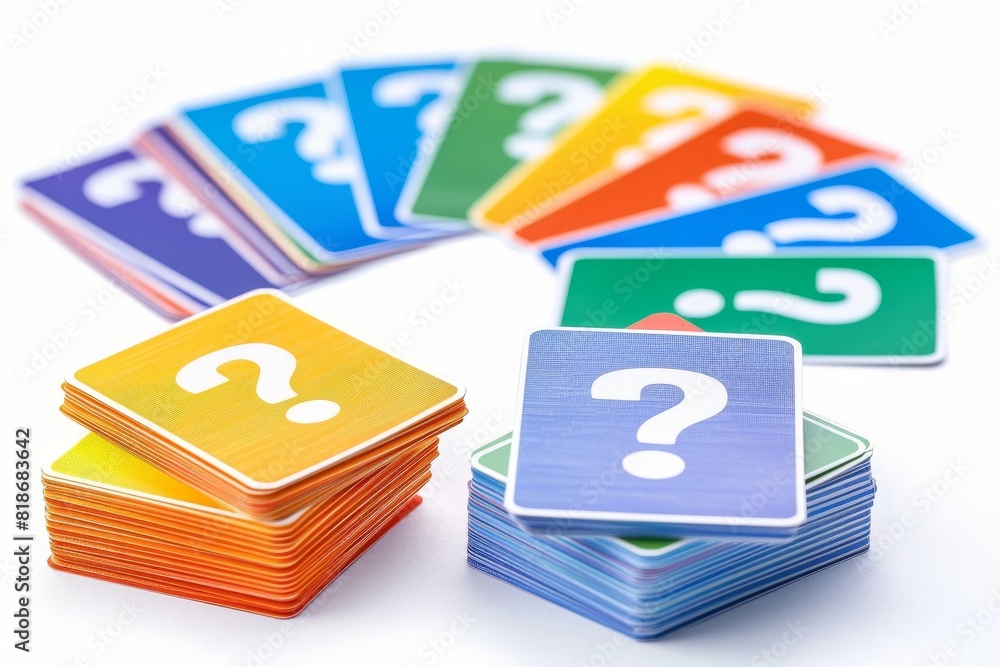 Colorful question mark cards spread out and stacked on a white ...