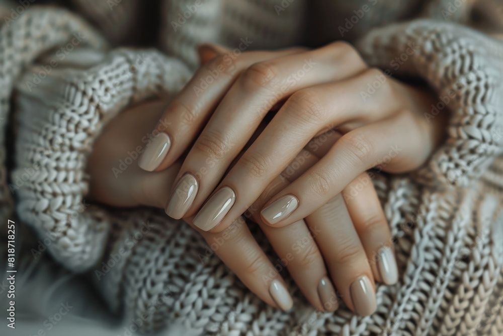 Women's manicure shellac soft pink color close-up. Beautiful simple AI ...