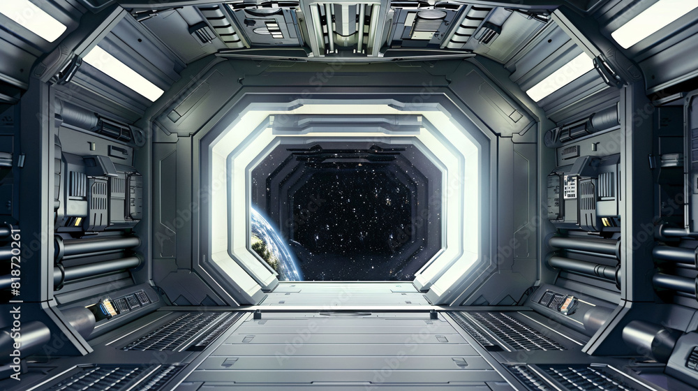 Open the door of the spaceship with white bright light, future ...