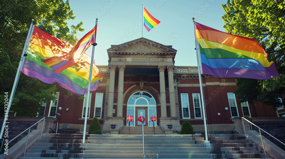 5. A town hall building prominently displaying LGBTQ+ pride flags ...