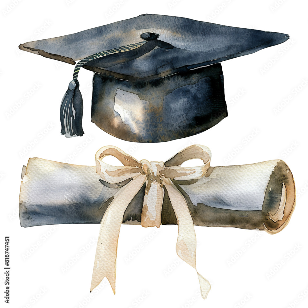 Watercolor Graduation Cap and Diploma Clipart, A watercolor clipart ...