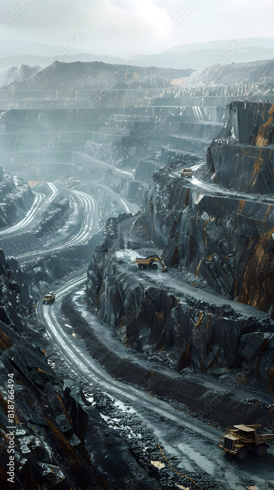 Vast open-pit uranium mine with heavy machinery and workers in ...