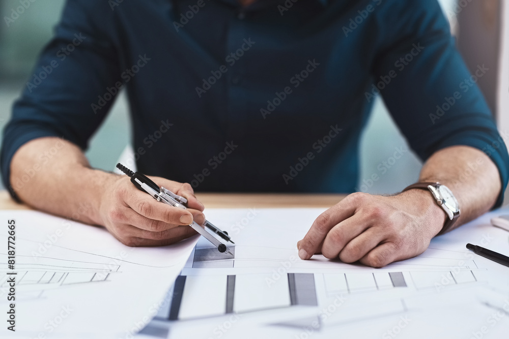 Architecture, hands and blueprint on table for drawing, sketch and construction plan design ...