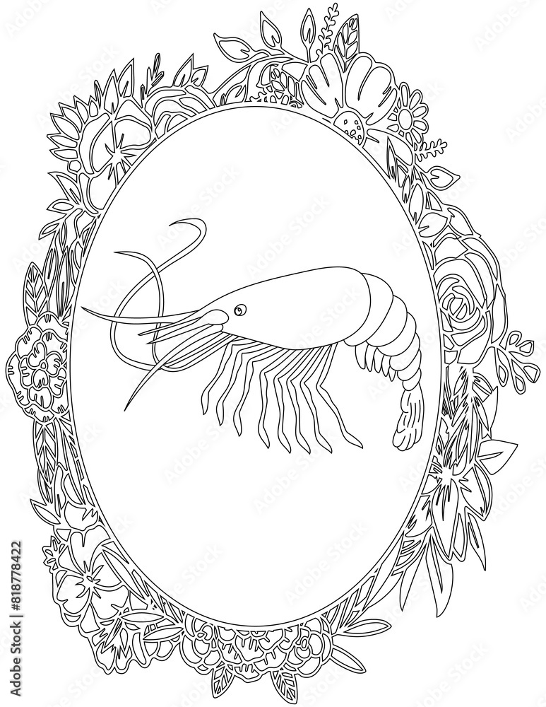 Shrimp in A Floral Frame Coloring Page. Printable Coloring Worksheet ...
