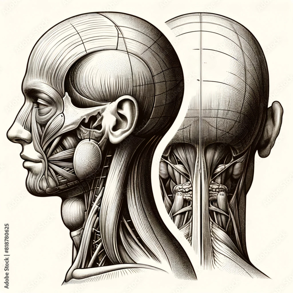 Anatomical illustration of the posterior and lateral view of the head ...
