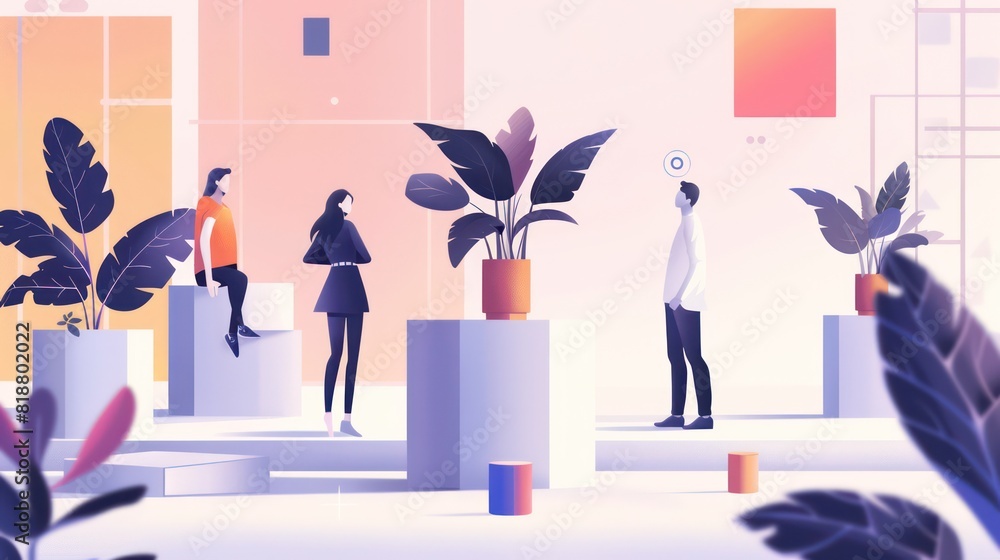 Digitally illustrated image of people observing abstract art forms in a ...