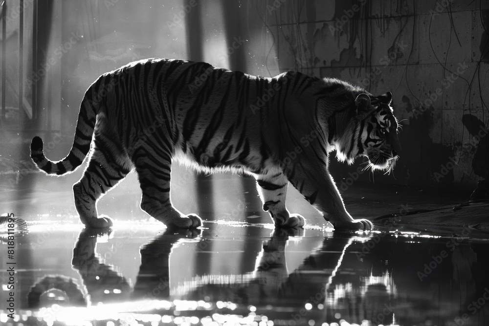 Artistic depiction of a tiger pacing back and forth, with its ...