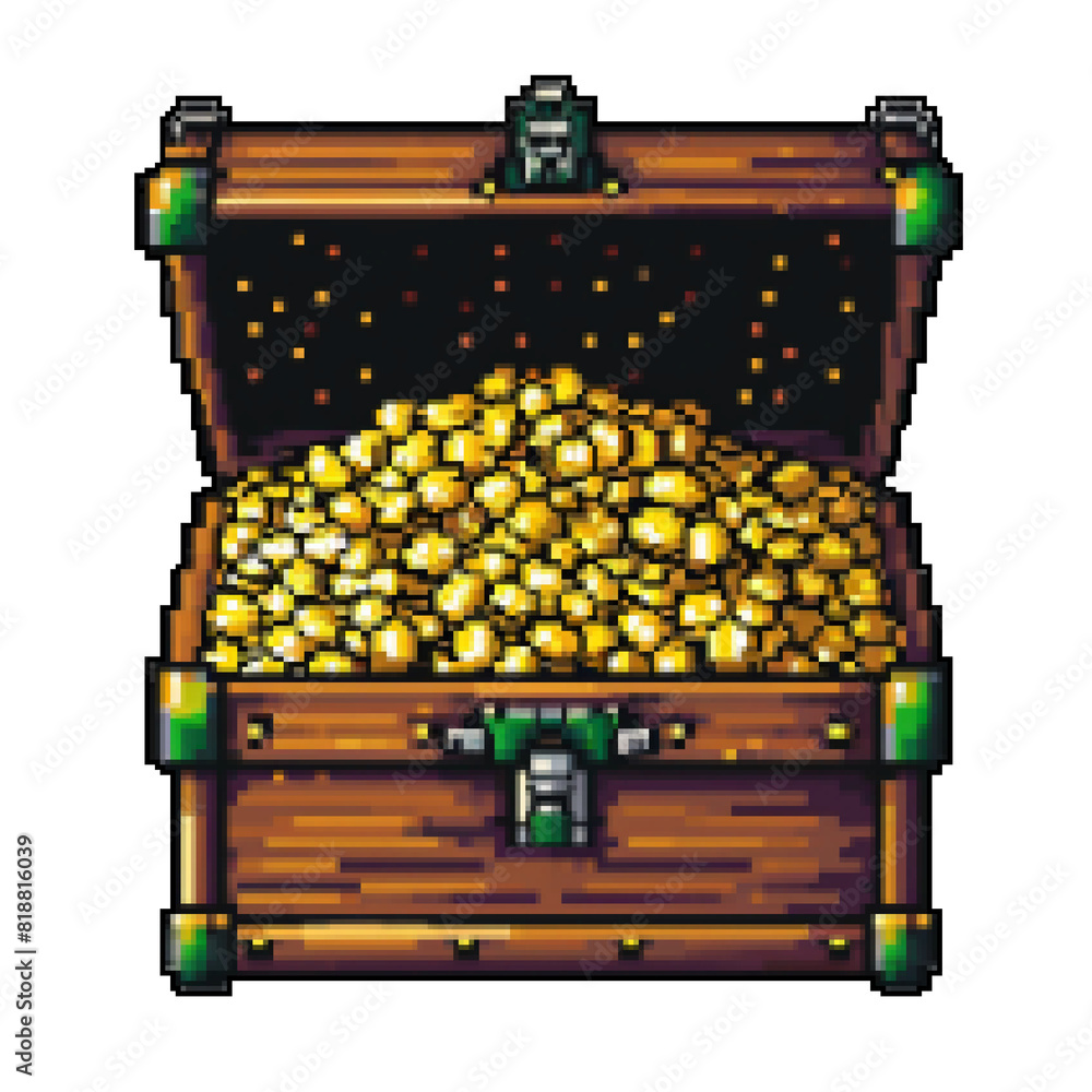 Open Pixel Art Treasure Chest Overflowing with Gold Coins - Retro 8-Bit ...