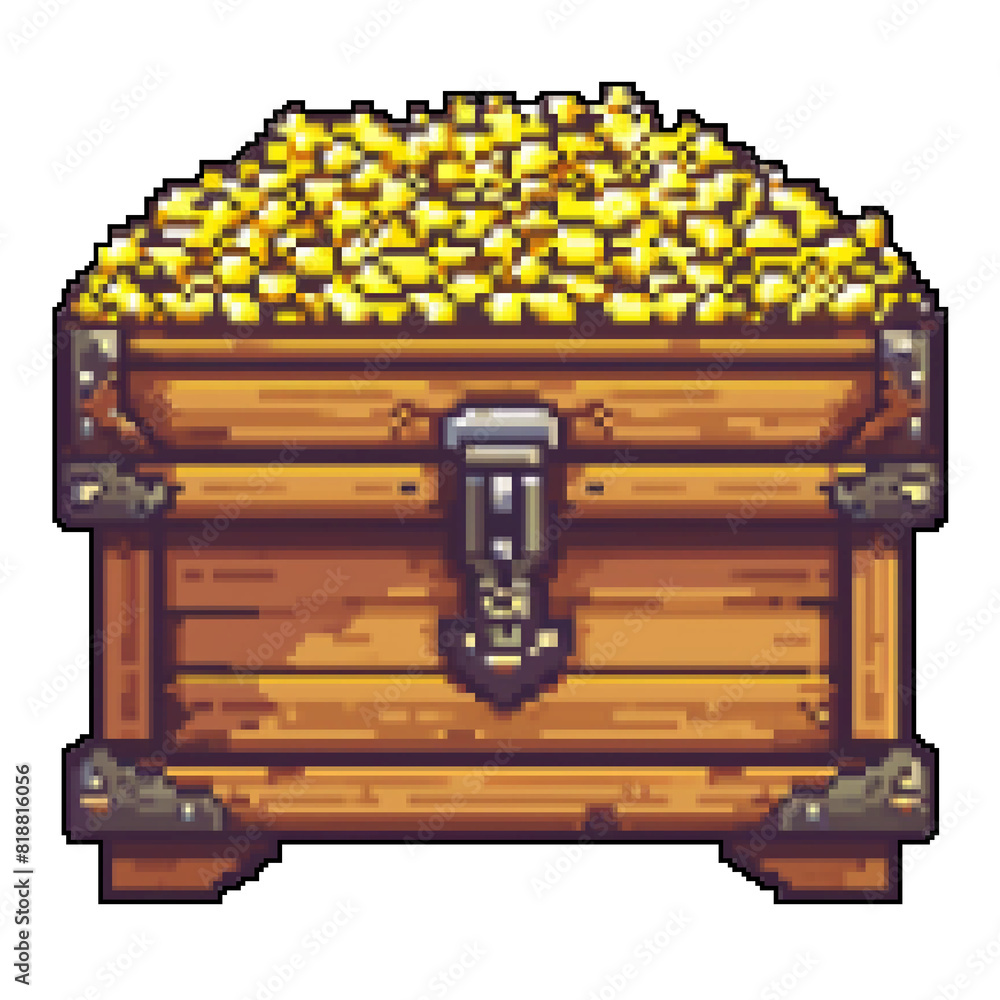 Open Pixel Art Treasure Chest Overflowing with Gold Coins - Retro 8-Bit ...