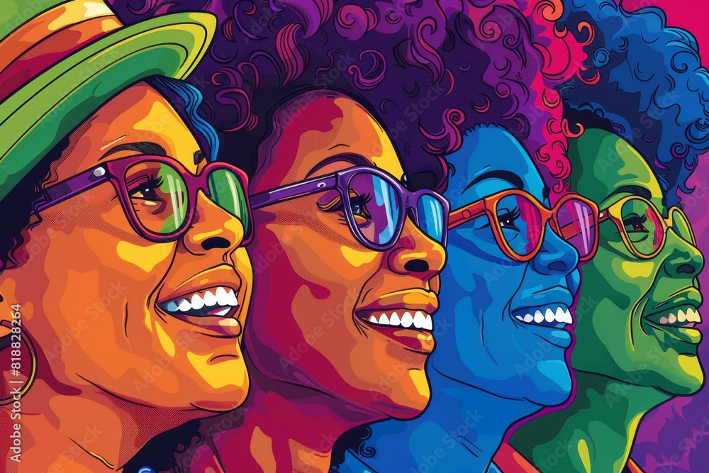 Stylized vector art showcases diverse LGBT community smiling, vibrant ...