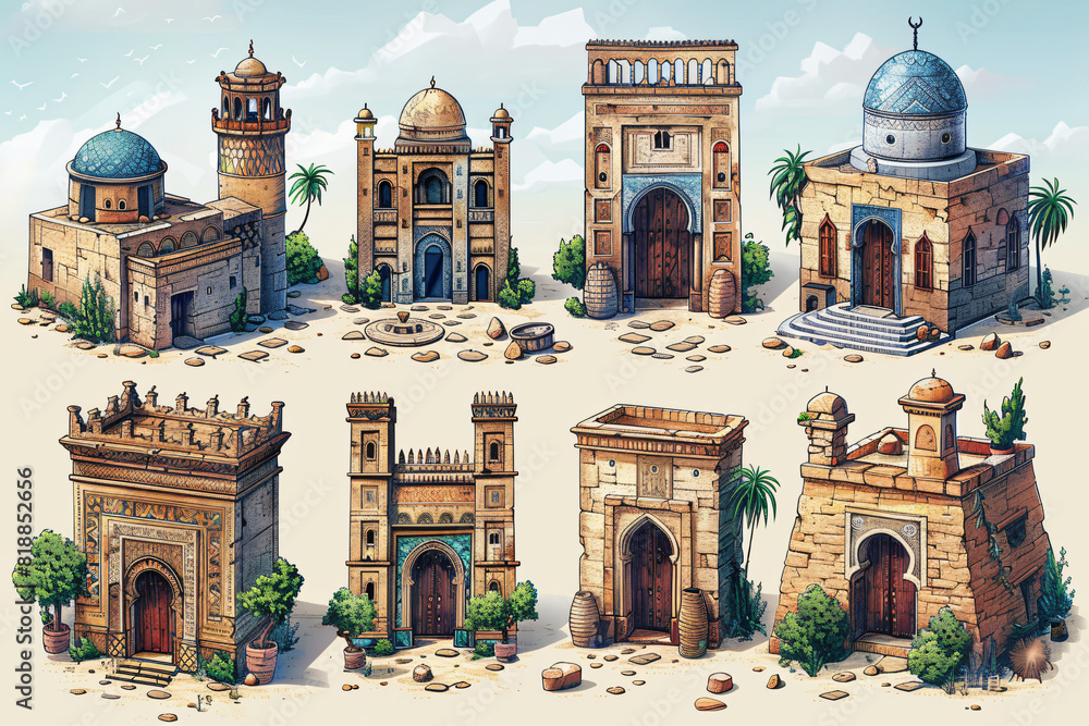 A modern set of ancient Egyptian buildings with a palace and a fortress ...