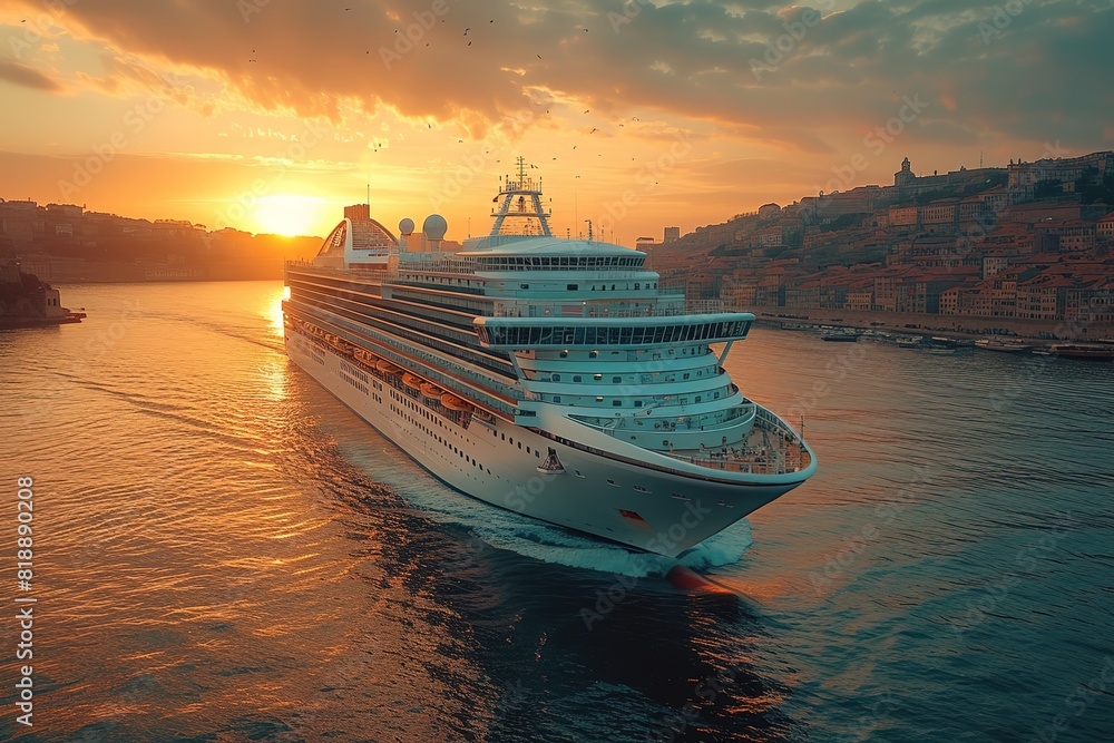 A modern cruise ship departing from a bustling port, ready to embark on ...