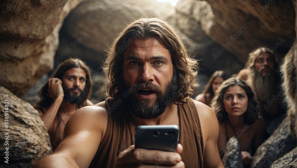 Caveman Selfie: Primitive Man Takes Selfie with Smartphone in Ancient ...