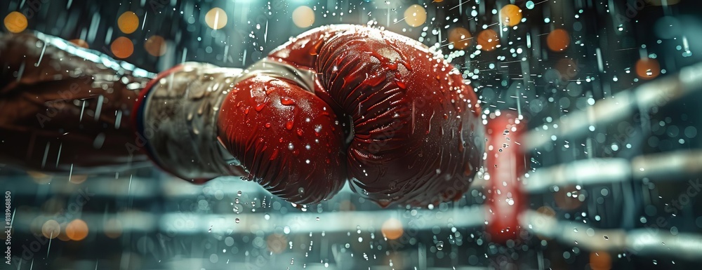 A professional boxer wearing red gloves is shown in mid-punch. Water ...
