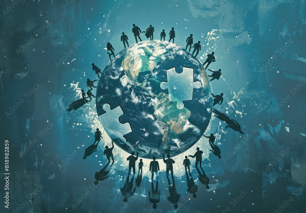 Diverse group of people collaborating around a globe with jigsaw puzzle ...