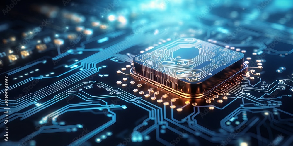 The holographic chip is surrounded by glowing lines symbolizing data ...