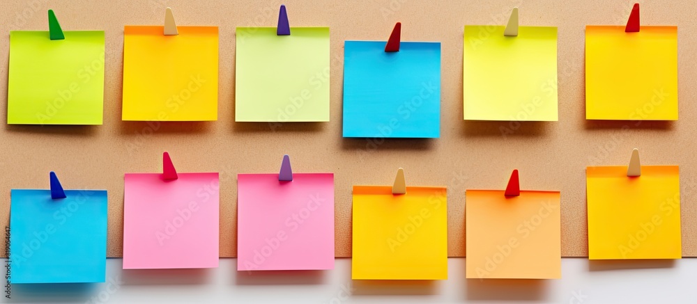 Blank colorful notes pinned on cork wood notice board isolate on white ...