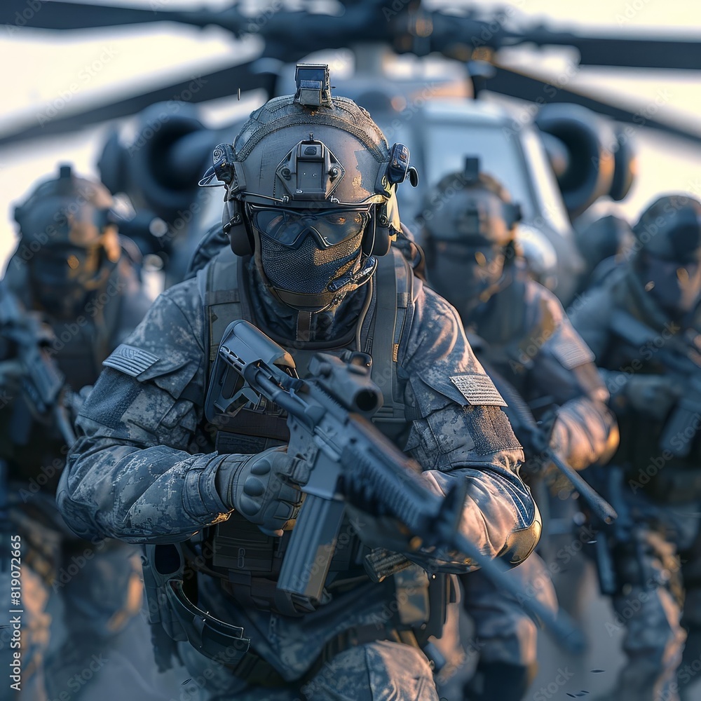 tactical strike, a squad of fully geared infantry soldiers with m4 ...