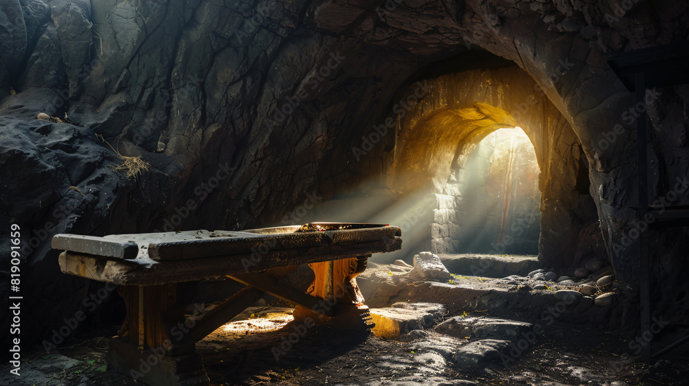 Entrance of empty cave tomb of Jesus Christ shroud in Calvary hill ...