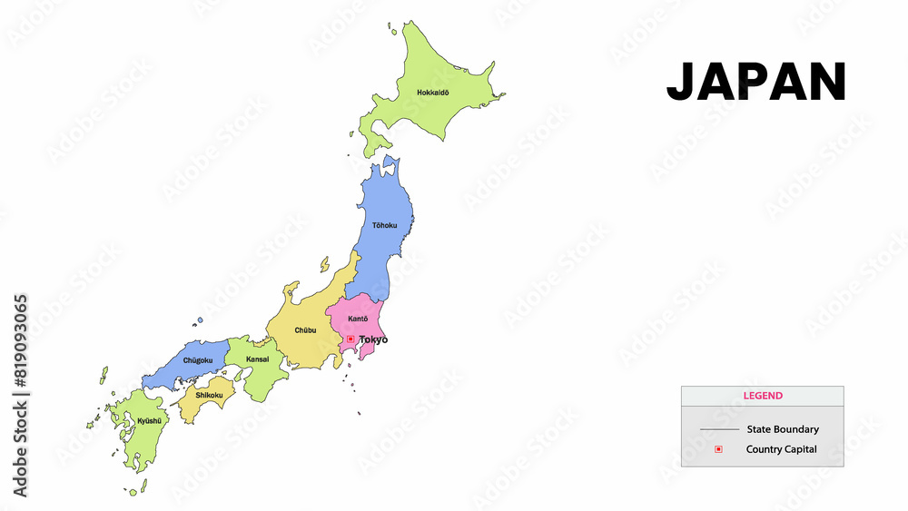 Japan Map. State and district map of Japan. Detailed colourful map of ...