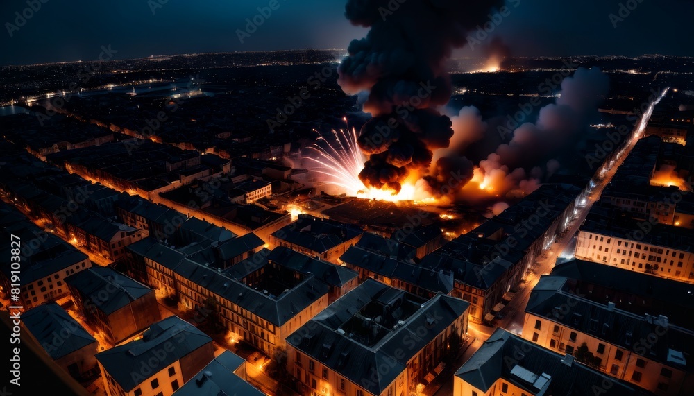 An intense blaze engulfs buildings at night in an urban area, with ...