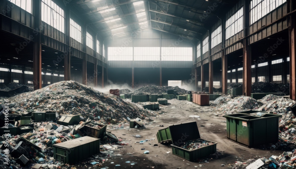 An expansive, forsaken warehouse interior reveals mountains of ...