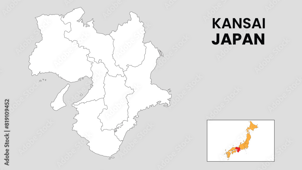 Kansai Map. Outline state map of Kansai. Political map of Kansai with a ...