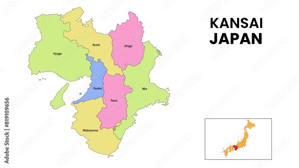 Kansai Map. State and district map of Kansai. Detailed colourful map of ...