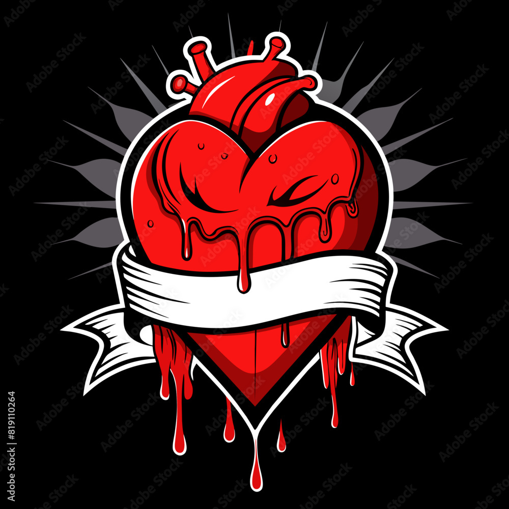 blood-red human heart with blood streaks on a stark black background ...