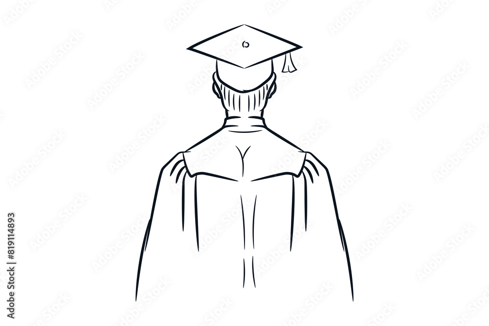Graduate student with graduation cap and gown, back view, hand drawn ...