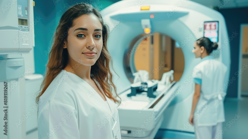 Hospital Radiology Room. Beautiful Latin Woman Standing while Female ...