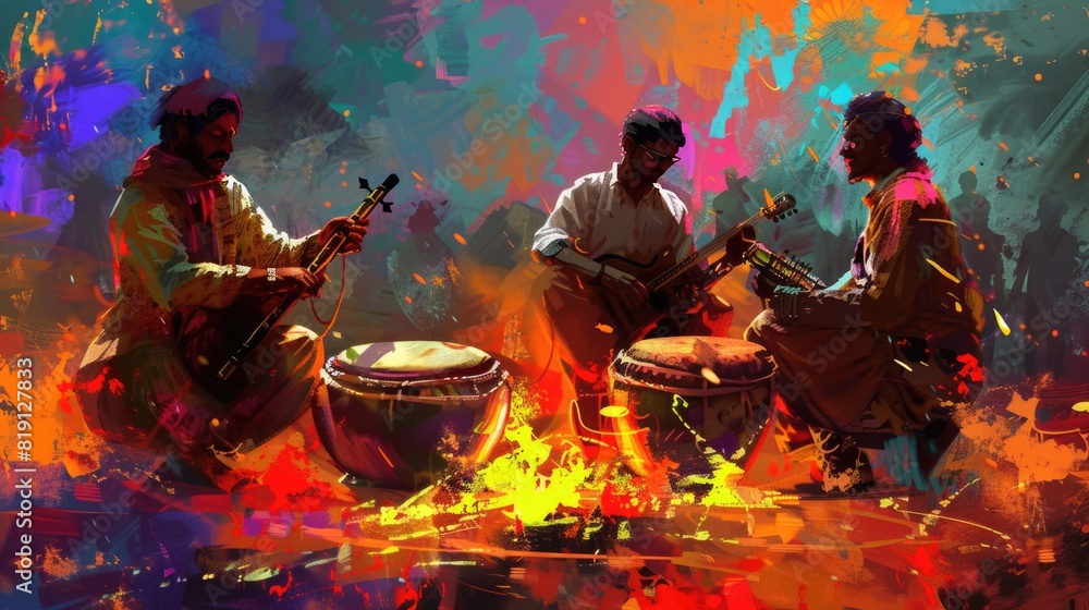 Indian people playing musical instruments on fire with colorful ...