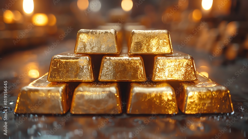 Stacked gold bars glowing under warm light, representing wealth, investment, and opulence in a ...