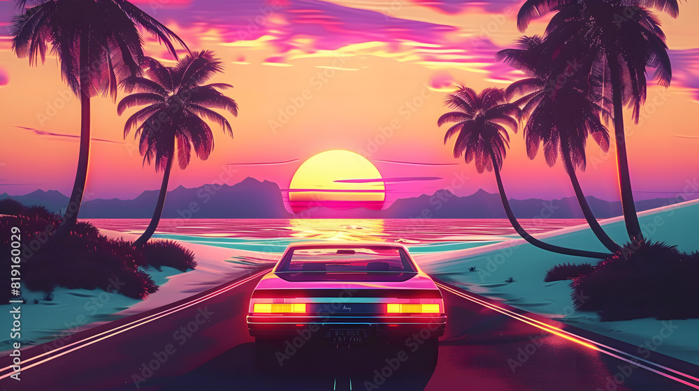 summer vibes 80s style illustration with car driving into sunset Stock ...