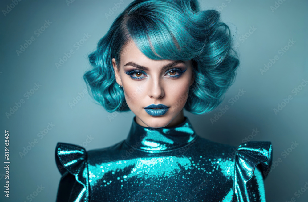 The daring model with bright blue hair, expressive makeup in tone and ...