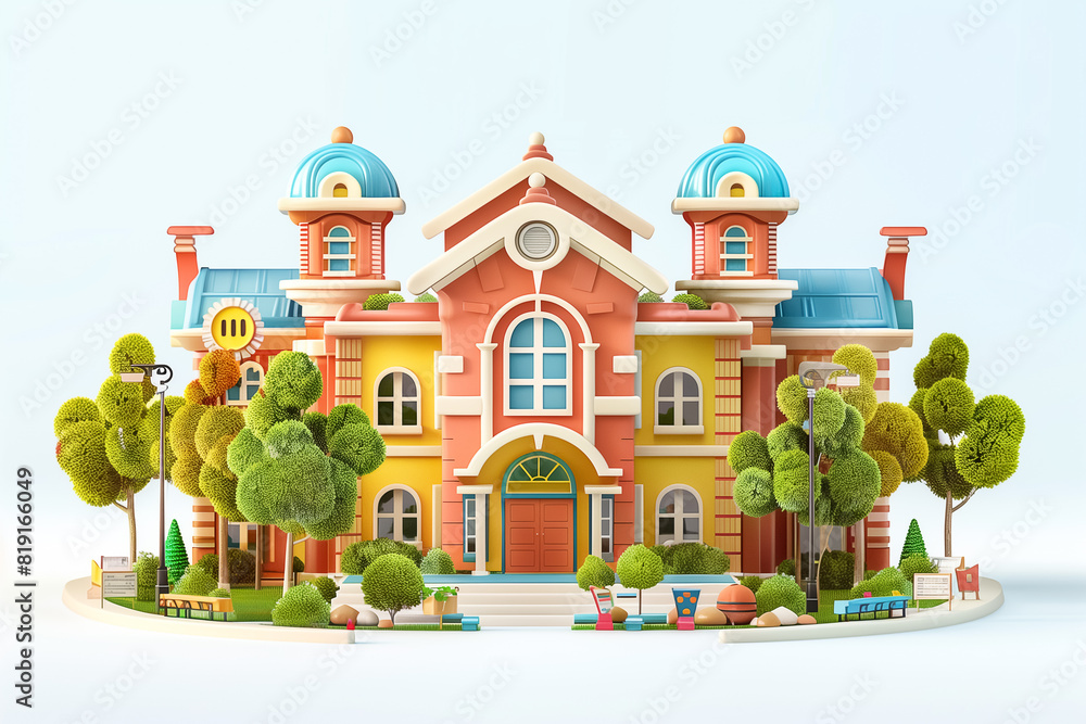 3D render modern school building with a brick exterior, surrounded by ...