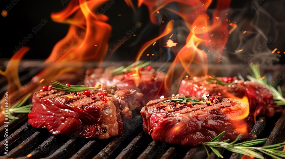 Juicy grilled beef steaks with herbs cooking on an open flame BBQ grill ...