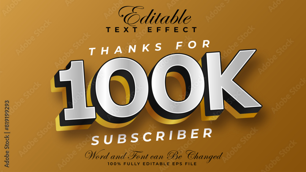 Editable 3d text effect 100k Subscriber with gold background Stock ...