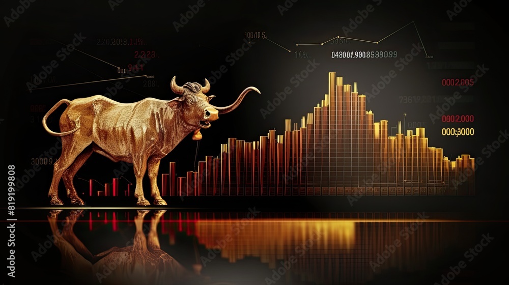 Digital illustration of bull on left in color background with financial ...