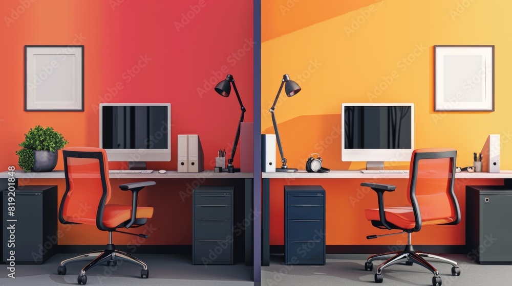 Office cubicle with ergonomic setup flat design side view productivity ...