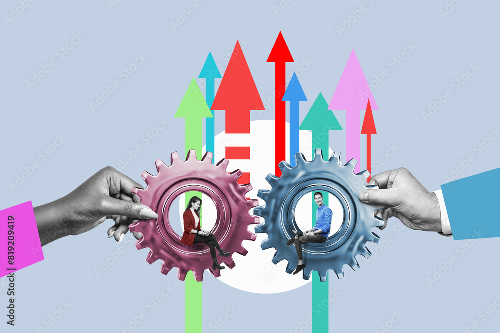 Human hands joining gear wheels together as effective unity and ...