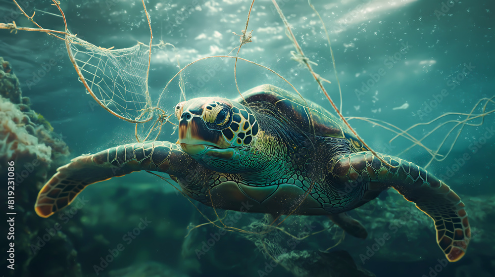 Turtle entangled in a fishing net underwater, highlighting marine life ...