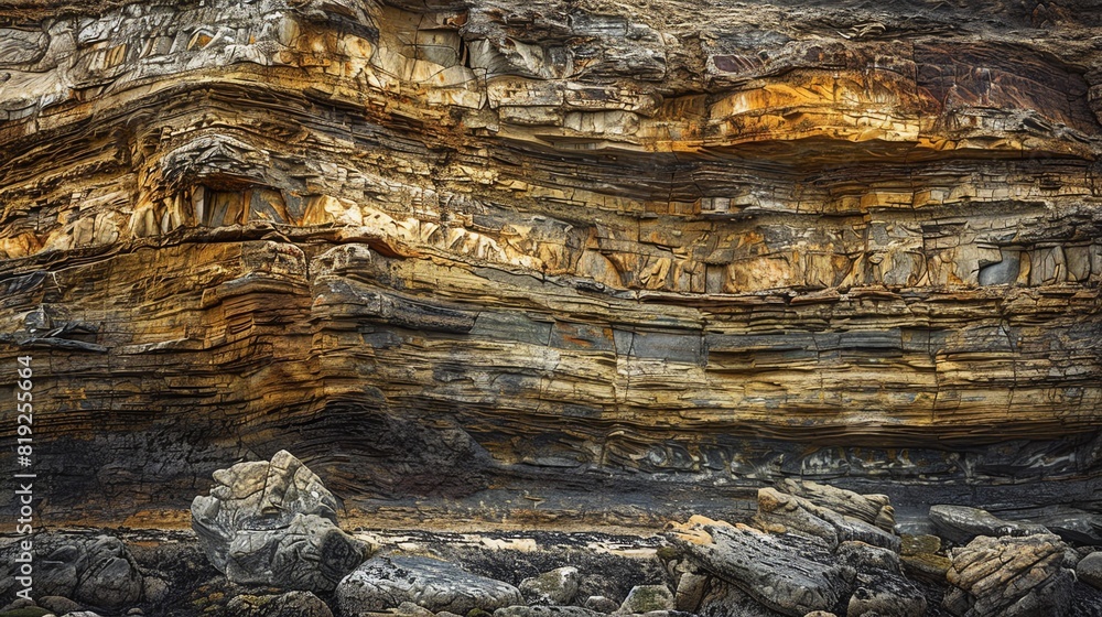 Textured sandstone cliff with vivid layers, showcasing erosion patterns ...