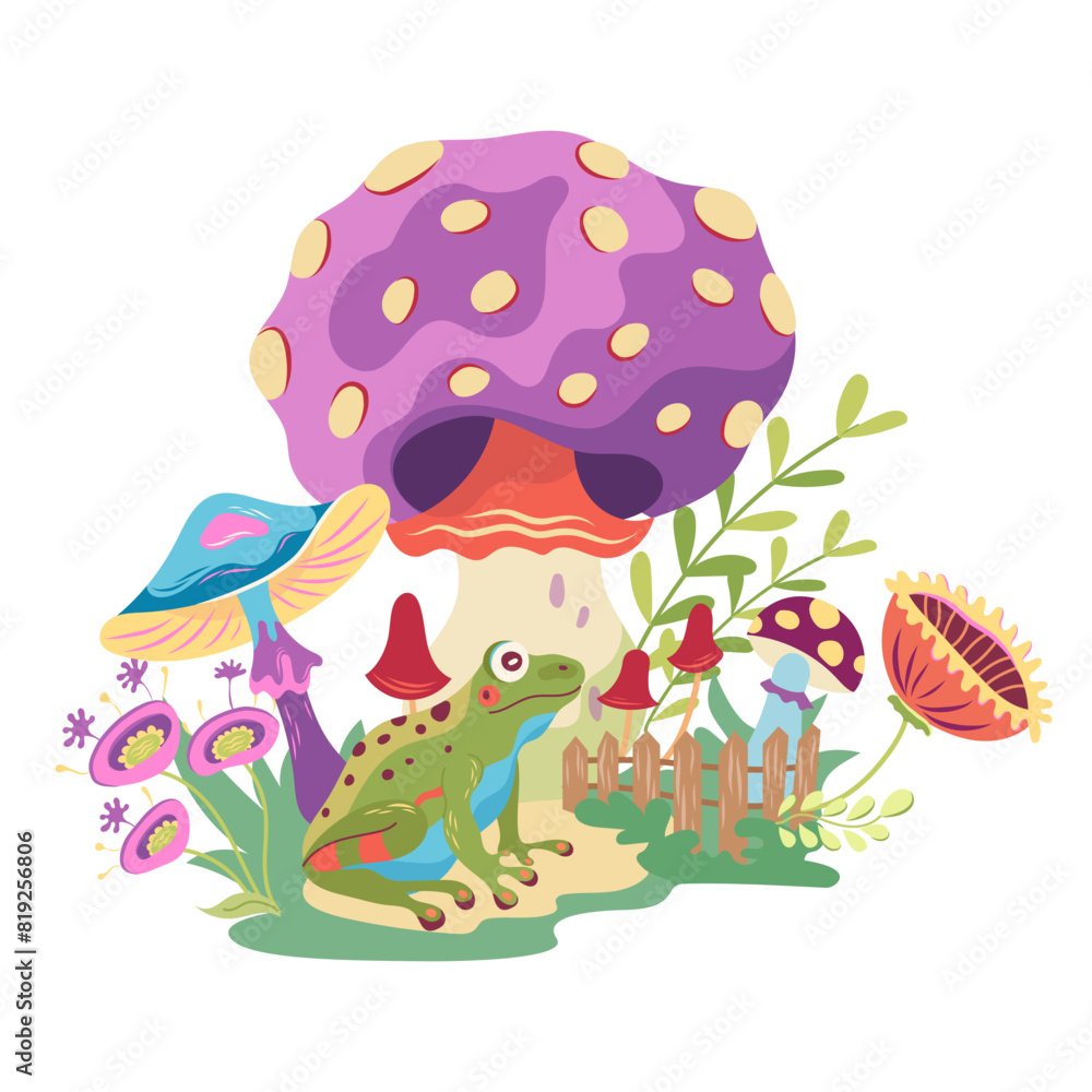 Cottagecore aesthetic composition with mushrooms and frog. Vector ...