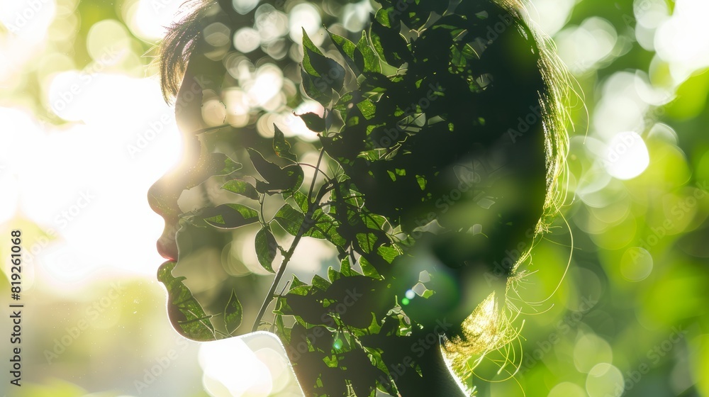 kid boy and idyllic green nature double exposure portrait . Future ...