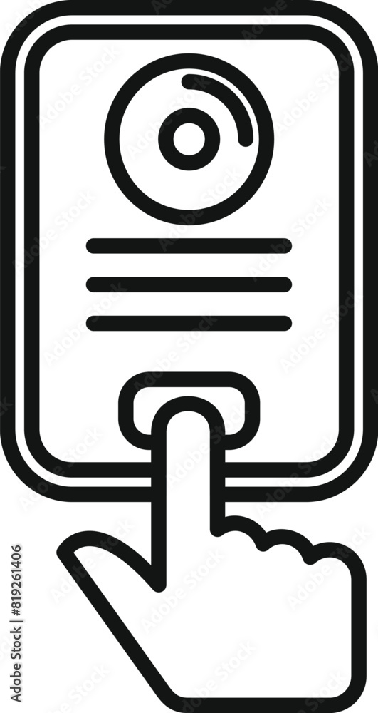 Black and white line art of a finger tapping a button with a circular ...