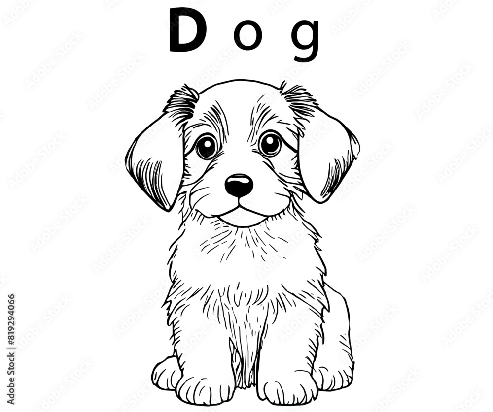 Puppy dog, black and white background, kids coloring page, vector ...