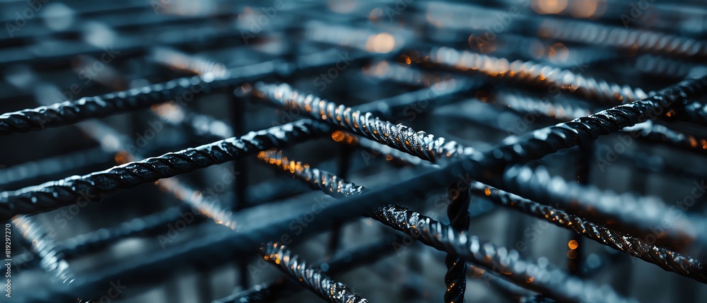 Black steel rebar frame for concrete pouring at a construction site ...