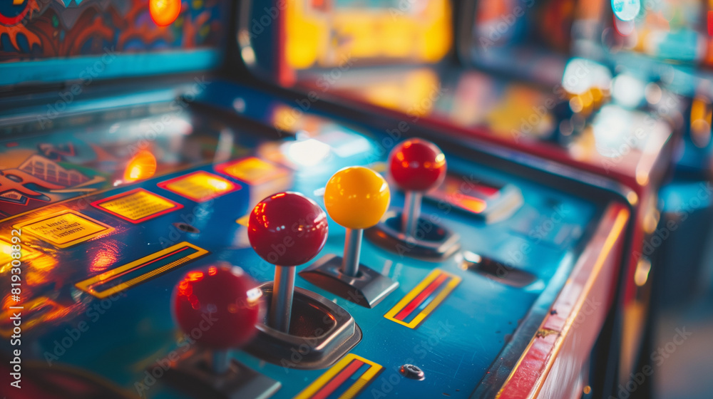Close-up of classic arcade game consoles Capturing the colorful buttons ...